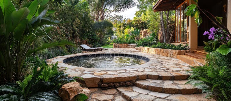 Stone Steps Lead To a Small Circular Pool Surrounded by Lush Greenery ...