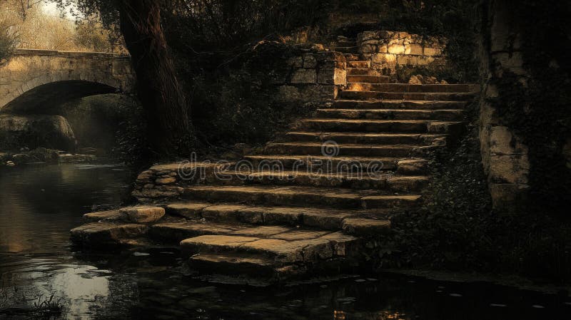 Stone Steps Leading Down To River with an Arching Bridge and Ambient ...
