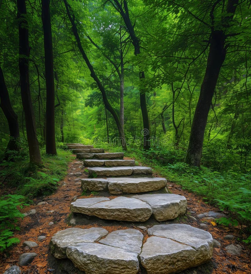Stone Steps Leading through Lush Green Forest Pathway in Tranquil ...
