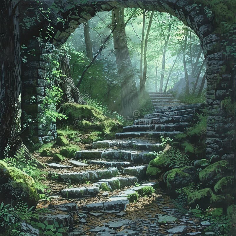 Stone Steps Leading through a Mystical Forest Archway Stock Photo ...