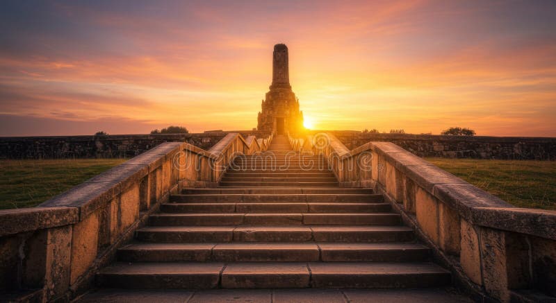 Stone Steps Leading To Ancient Monument at Sunset Stock Illustration ...