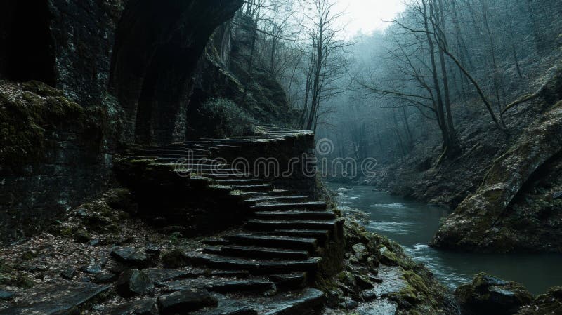 Stone Steps Leading To a Mysterious River in a Dark Forest Stock ...