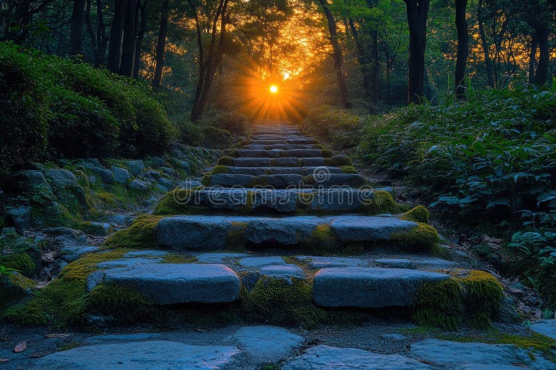 Stone Steps Leading To Sunset Light through Forest Trees Stock ...