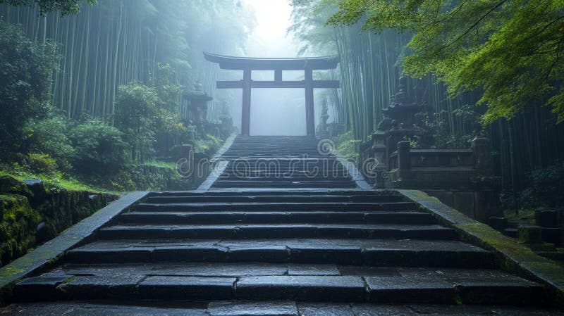 Stone Steps Leading To a Torii Gate in a Misty Forest Stock ...