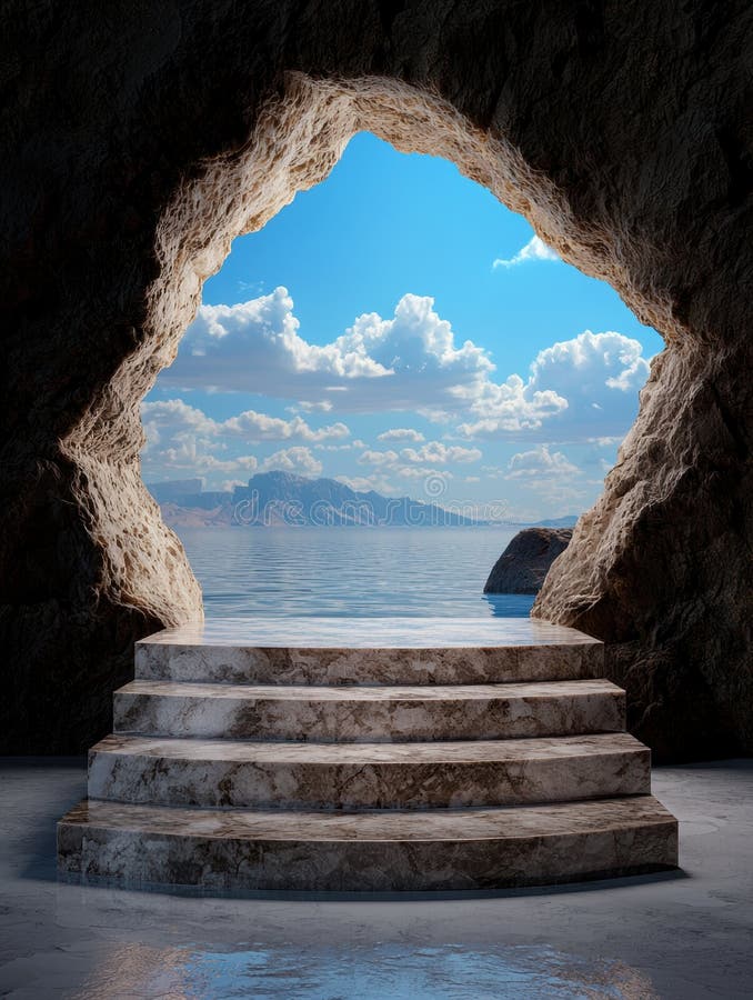 Stone Steps Leading To a Tranquil Ocean View from a Cave Stock ...