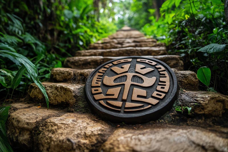 Stone Steps Leading Up through Lush Greenery with a Circular, Carved ...