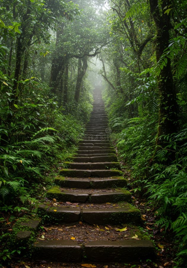 Stone Steps Leading Up through a Misty Green Forest Stock Illustration ...