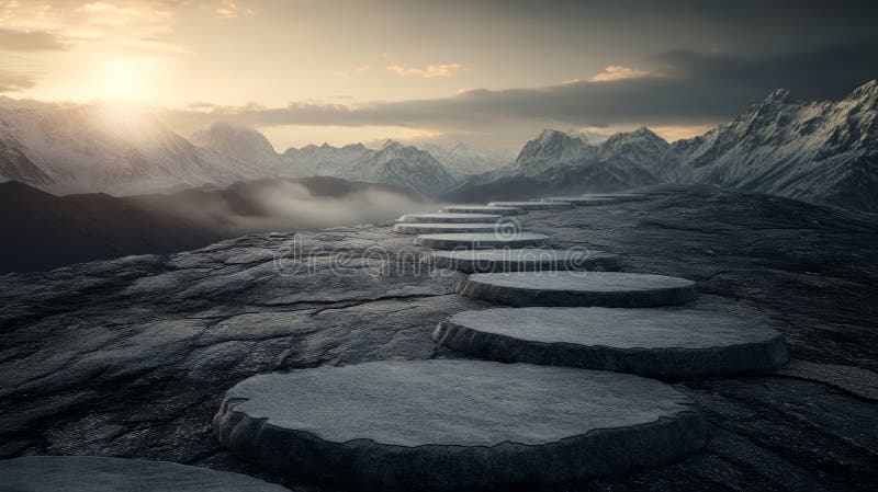 Stone Steps Leading Up a Mountain Path Towards a Sunlit Horizon. a ...