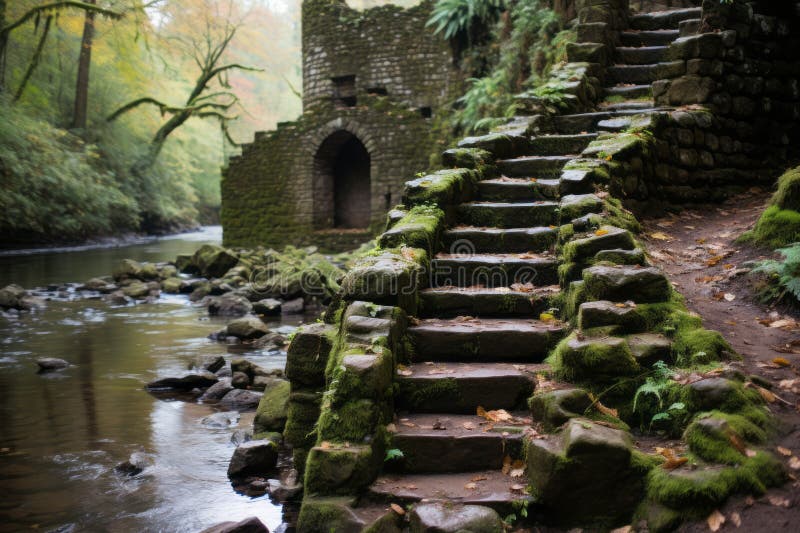 Stone Steps Leading Up To an Old Castle in the Woods Stock Illustration ...