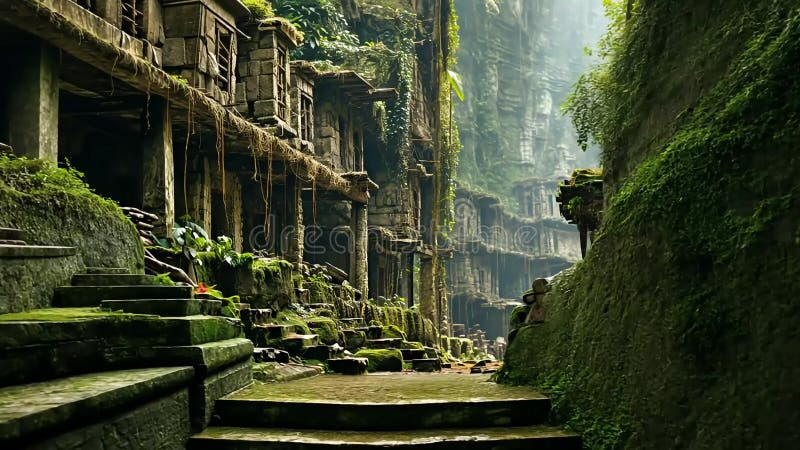 Overgrown Ancient Stone Ruins with Intricate Carvings and Archways ...