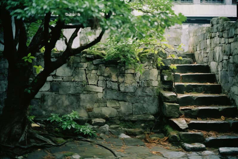 Stone Steps Leading Up To a Tree in the Middle of a Courtyard Stock ...