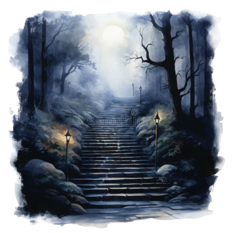 Stone Steps Leading Upward through a Foggy, Moonlit Forest Stock ...