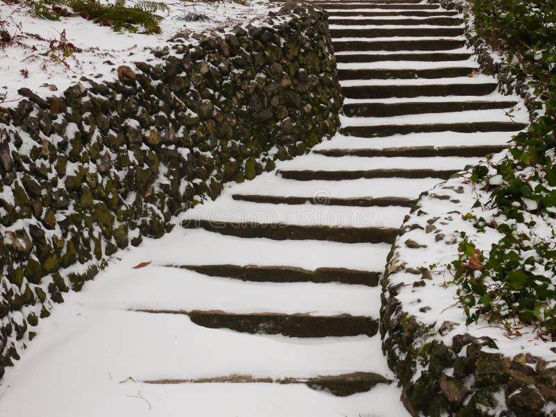 Steps and Stone Walls in the Snow Stock Photo - Image of steps, winter ...