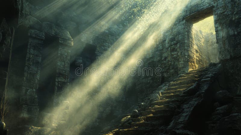 Stone Steps Leading Upwards through a Sunlit Opening in a Stone ...