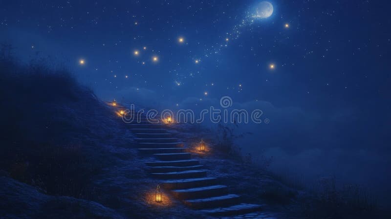 Stone Steps Leading Upwards Under a Starry Night Sky Stock Illustration ...