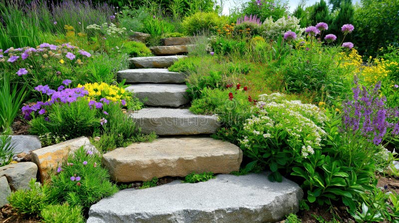 Stone Steps in Lush Flower Garden with Vibrant Wildflowers and Greenery ...