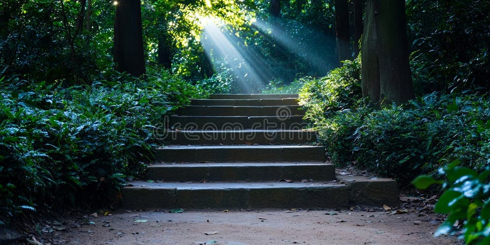 Stone Steps in Lush Green Forest Sunlight Beams Pathway Nature Stock ...