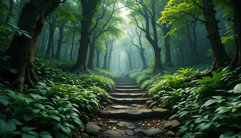 Stone Steps in a Mossy Forest Green Step Path into Mesmerizing Realm of ...
