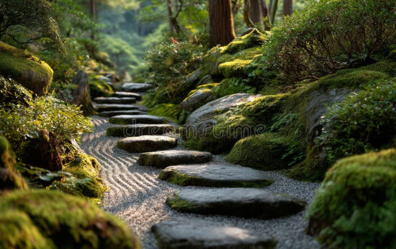 Stone Steps and Mossy Path in a Tranquil Garden Stock Illustration ...