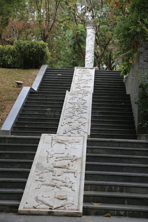 The Stone Steps in the Park, with Carved Patterns on Both Sides, Have a ...