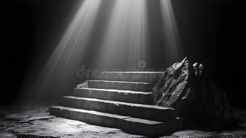 Stone Steps with a Rock and Light Beams 3D Render Stock Illustration ...