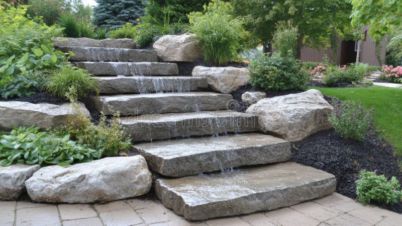 Stone Steps Waterfall Landscape Design Feature Stock Illustration ...