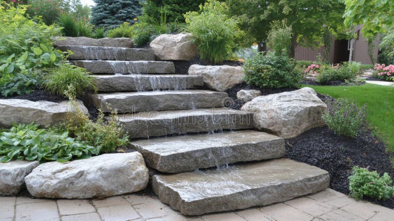 Stone Steps Waterfall Landscape Design Feature Stock Illustration ...