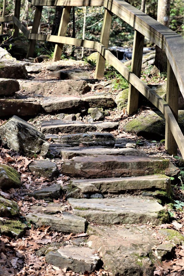 Stone Steps and Wood Railing on Trail Stock Photo - Image of rock ...