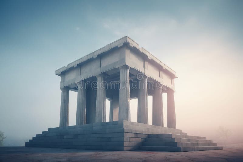 A Stone Structure with Columns and Steps in the Foggy Sky Stock ...