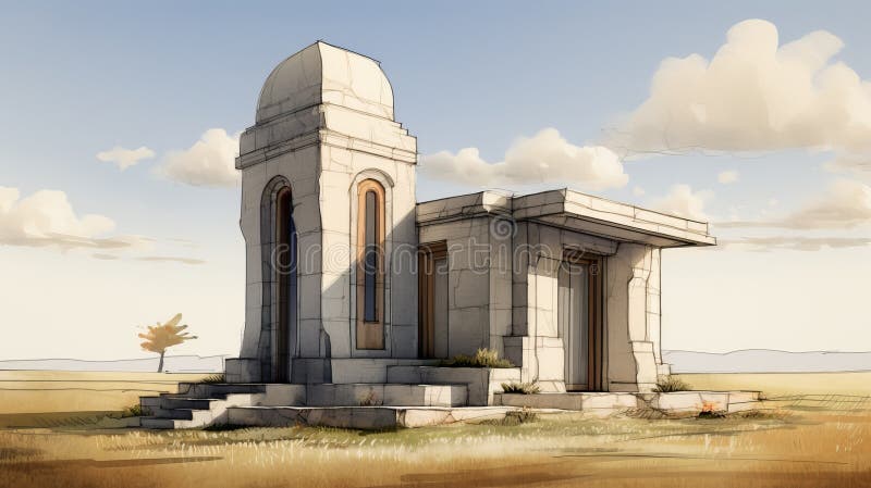 Artistic Drawing of a Stone Building with Art Deco-inspired Style Stock ...