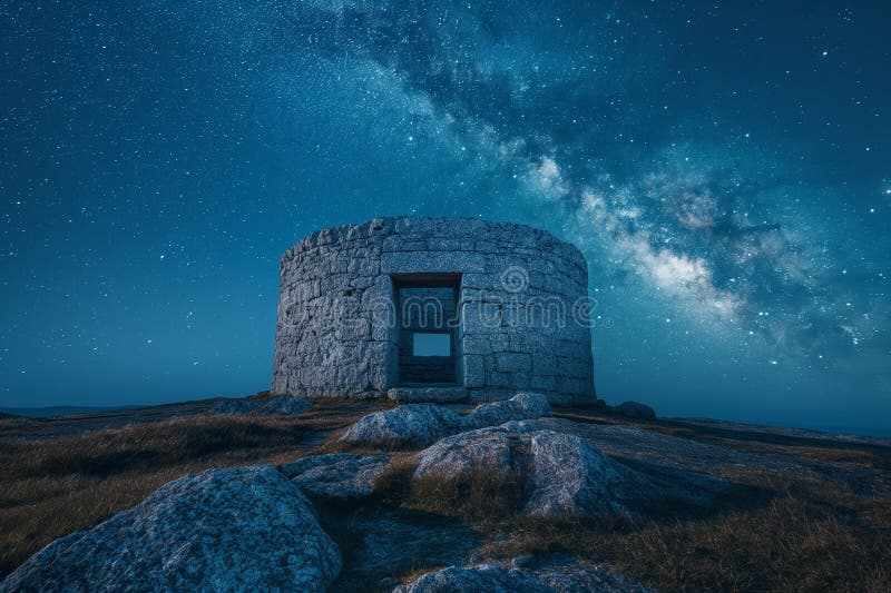 Stone Structure Under a Starry Sky on Rocky Terrain, AI-generated ...