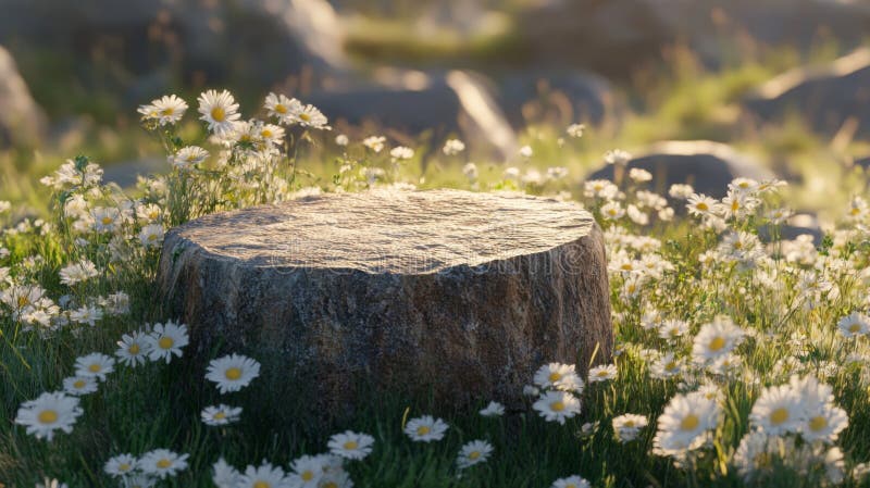 Stone Stump Surrounded by Daisies in Sunny Meadow Stock Illustration ...