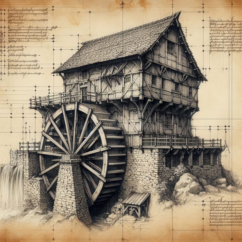 Medieval Milling Facility with Wooden Superstructure Stock Illustration ...