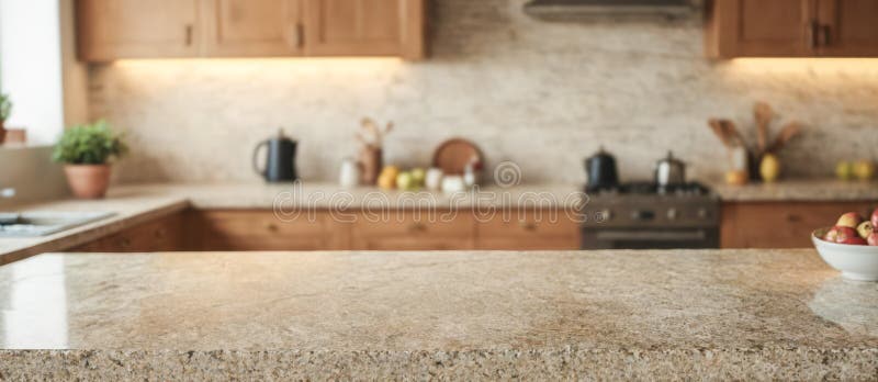 Stone Surface in Foreground with Blurred Contemporary Kitchen Setting ...