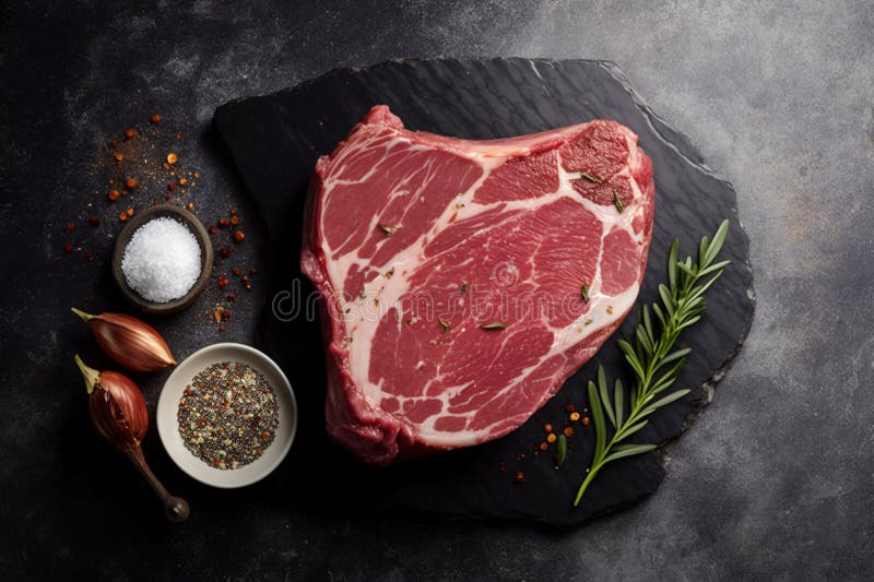 On a Stone Surface, There is Fresh, Raw Marbled Beef Rib-eye Steak with ...