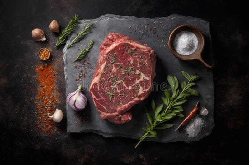 On a Stone Surface, There is Fresh, Raw Marbled Beef Rib-eye Steak with ...
