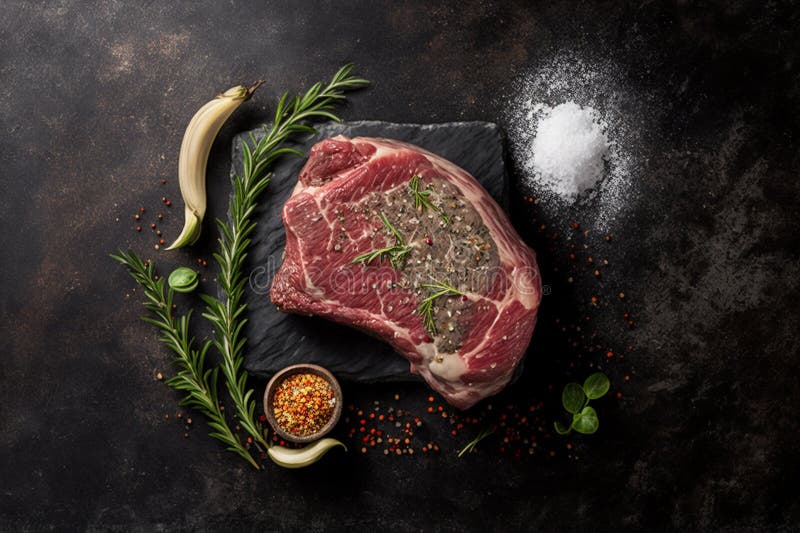On a Stone Surface, There is Fresh, Raw Marbled Beef Rib-eye Steak with ...