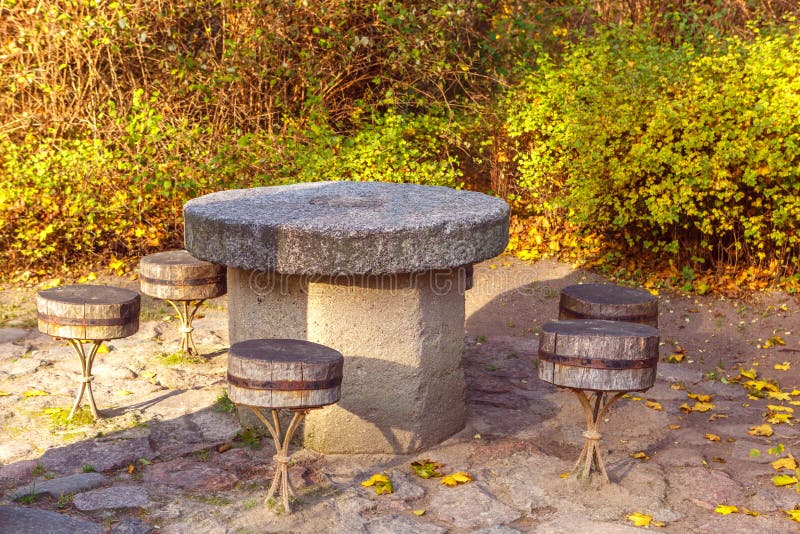 Stone Table and Log Stools in the Park Stock Image - Image of outdoors ...