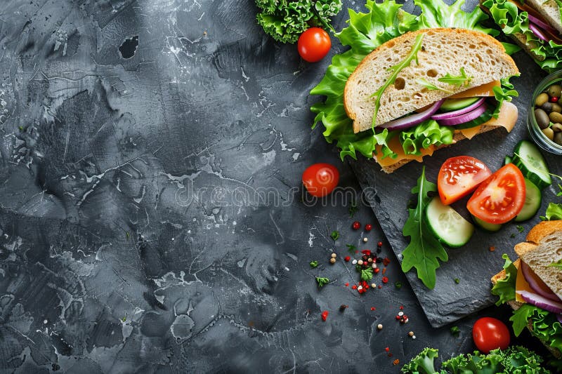 Stone Table with Nutritious Lunch Box and Freshly Made Sandwich and ...
