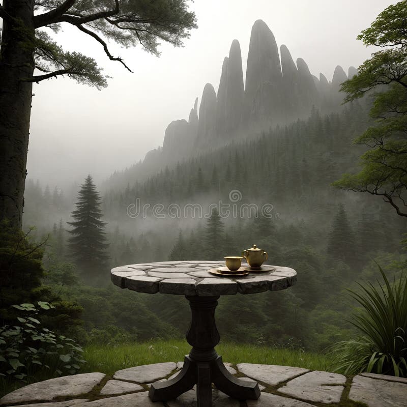 A Stone Table Sitting in the Middle of a Forest Stock Illustration ...