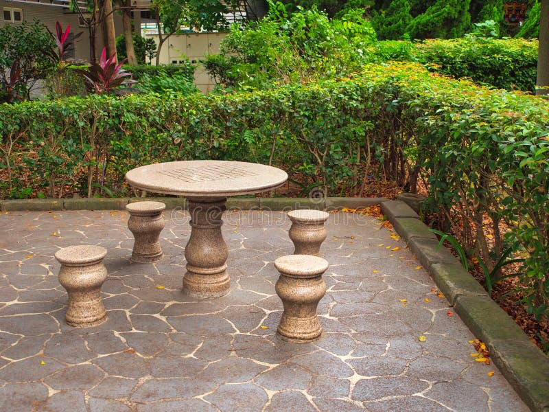 Stone Table and Stools in Garden Stock Photo - Image of escape ...