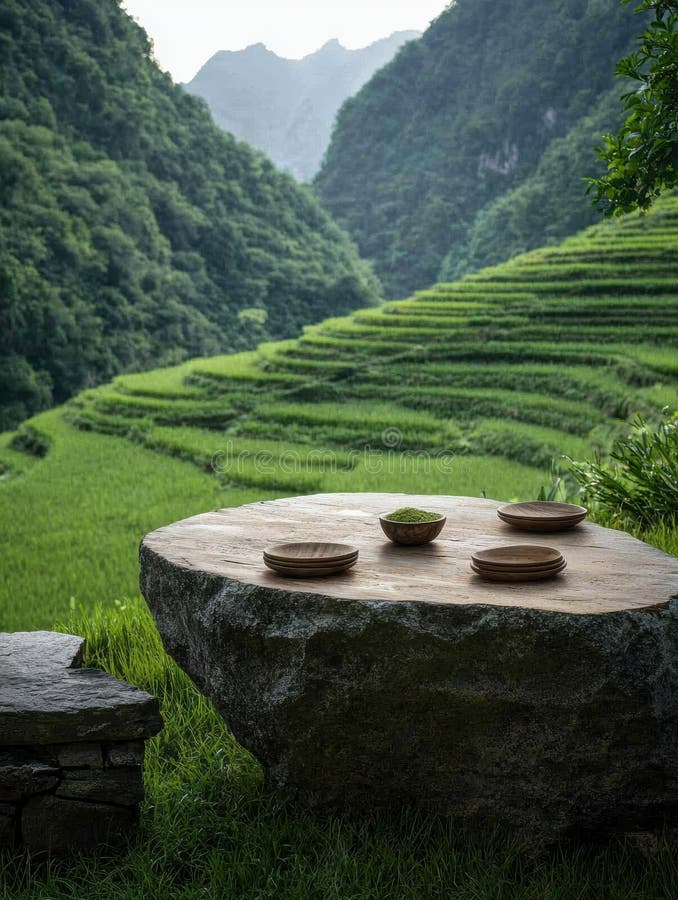 Stone Table with Wooden Bowls and Plates Overlooking Rice Terraces ...