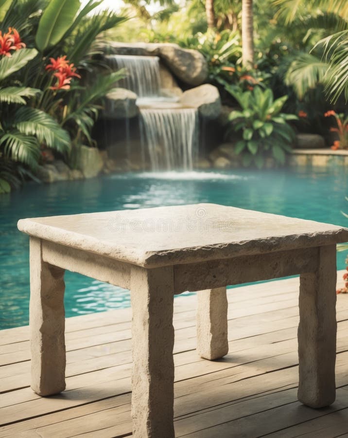 Stone Table on Wooden Deck by Tropical Pool with Waterfall in a Serene ...