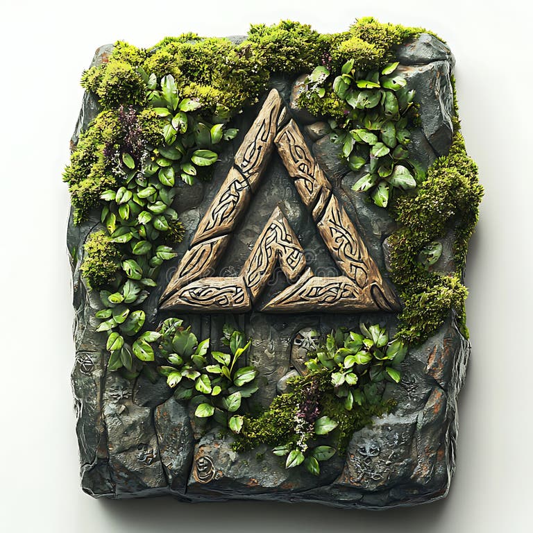 Stone Tablet with Carved Triangular Rune Symbol Surrounded by Lush Moss ...