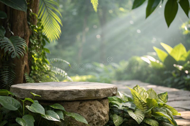 Stone Tabletop Podium Floor in Outdoors Tropical Garden Stock Image ...