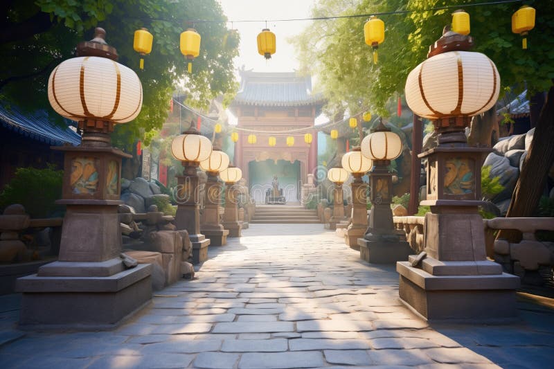 Stone Temple Path Lined with Traditional Lanterns Stock Photo - Image ...