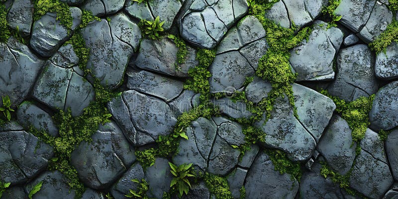Stone Texture with Moss: Dark Grey Cobblestone Background Stock ...