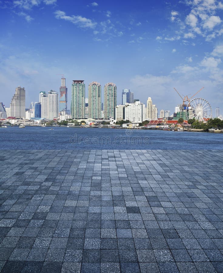 Stone Tile Floor with City Tower and River Stock Photo - Image of ...