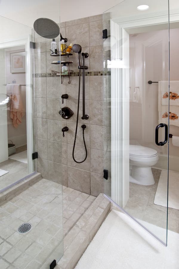 Modern Bathroom with Corner Shower Stock Image - Image of luxury ...