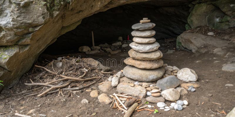 Stone Tower Art Created with Various Rocks Inside a Cave in a Wooded ...